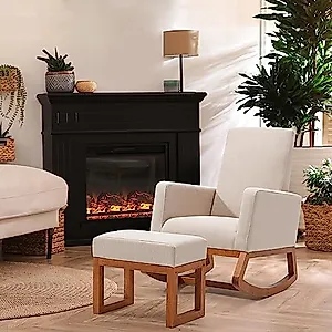 YOLENY Rocking Chair with Footstool, Upholstered Nursery Glider Rocker, Modern Accent Rocking Lounge Chair, Comfy High Back, Linen Armchair,Beige