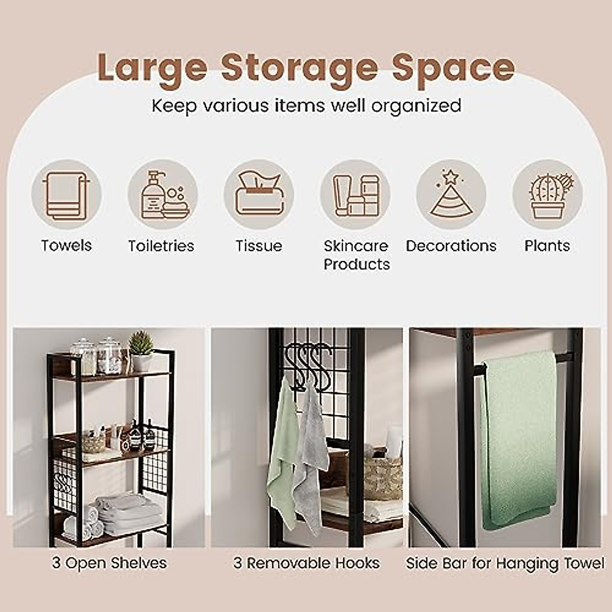 Giantex Over-The-Toilet Storage Shelf, 3-Tier Bathroom Space Saver with 3 Hooks, Industrial Tower Rack for Restroom, Kitchen, Freestanding Bathroom Organizer (Rustic Brown)