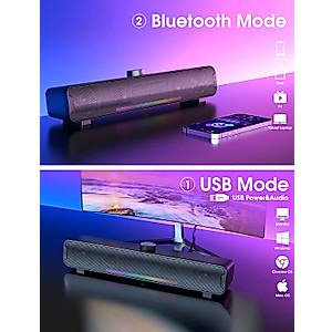 NOOTRY Computer Speakers, Bluetooth RGB Laptop SoundBar, 16W Dual HiFi Stereo with 6 LED Color Mode Soundbar, USB Powered Computer Speakers for Monitor, Phone, PC, Laptop