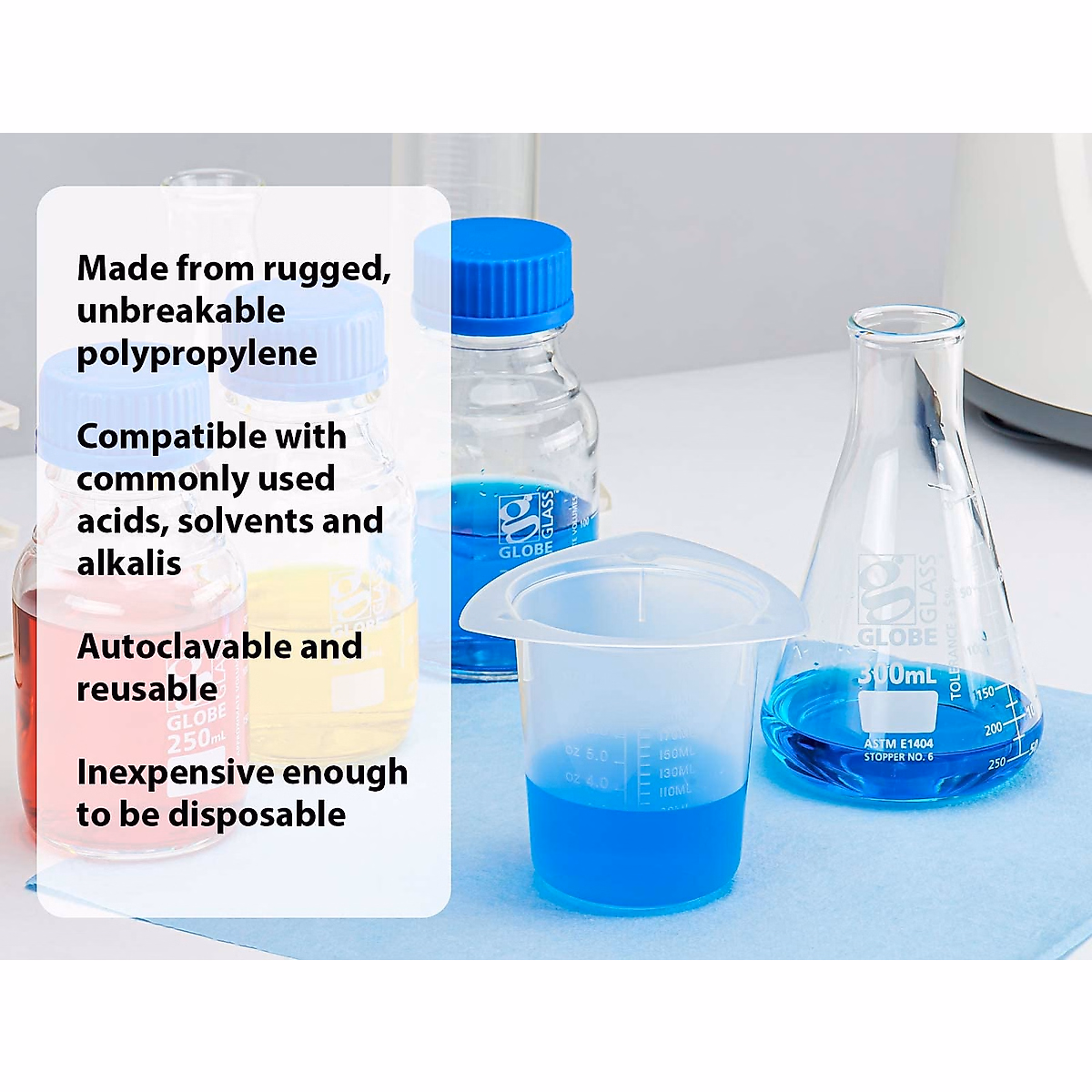 Globe Scientific 3642 Clarified Polypropylene Three Corner Graduated Beaker, Economy Style, 250mL Capacity, Pack of 100