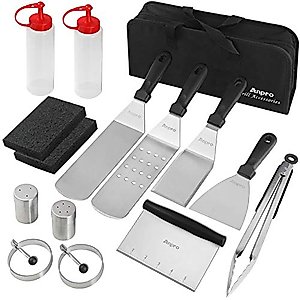 Anpro Griddle Accessories Set for Blackstone and Camp Chef Griddle, 15 PCS Flat Top Grill Accessories Set with Griddle Scraper, Metal Spatula, Egg Rings for Outdoor BBQ, Camping, Gifts for Fathers Day