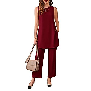 Zongqiven Women's Summer Pant Suit for Work Two Piece Outfits Tops & Pants Set Red