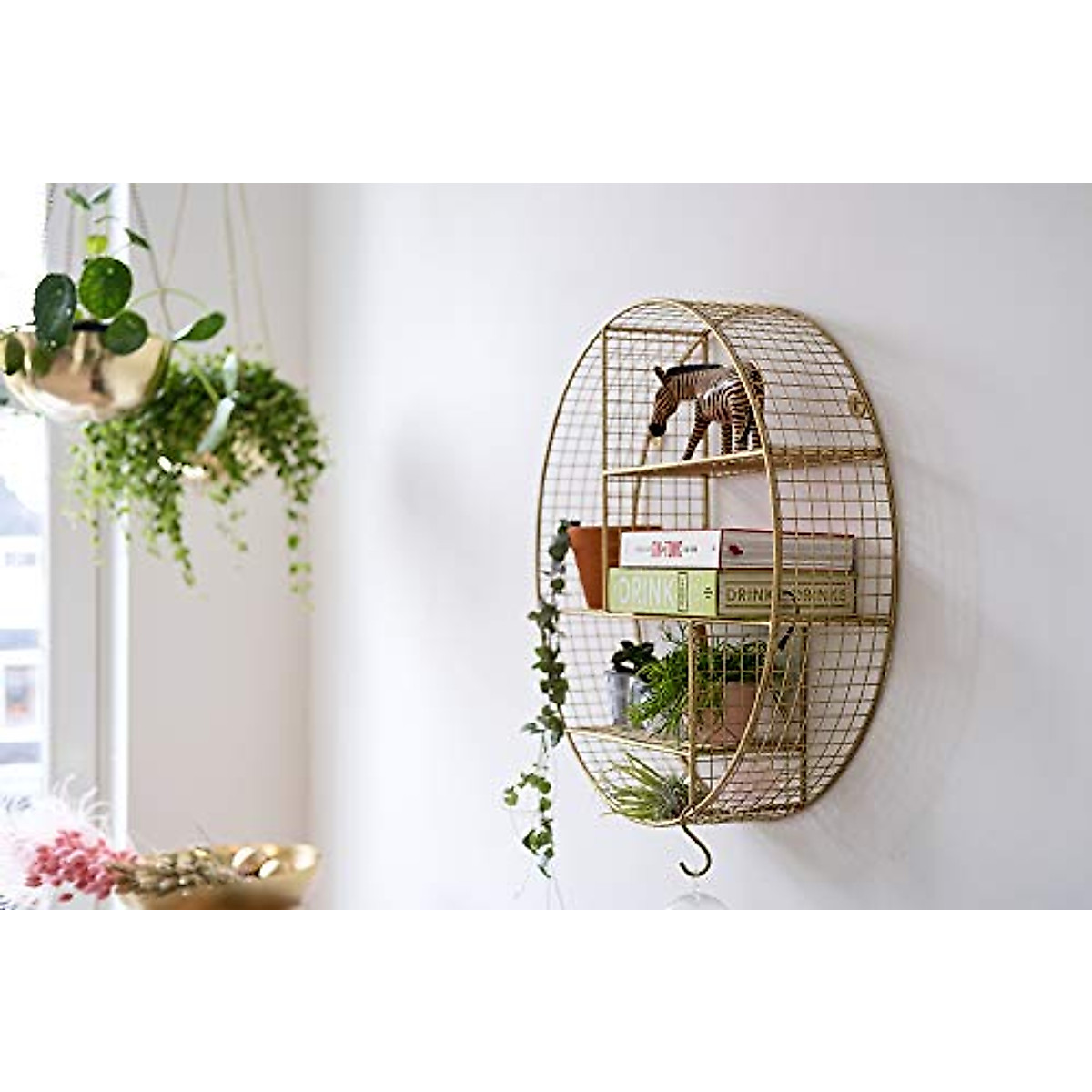 kimisty Gold Round Wall Shelf, 20 Inch Extra Large, Circular Bathroom, Bedroom Floating Shelves, Circle Brass Geometric Wall Art, Boho Metal Wire Mesh Sconce & Crystal Shelf