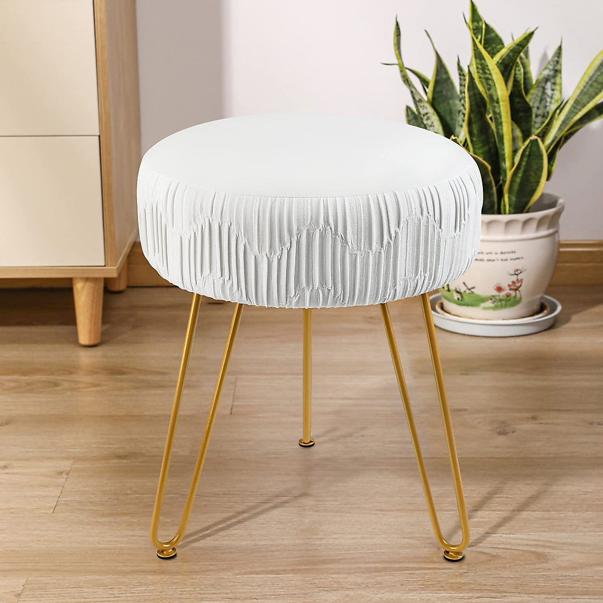 TOUCH-RICH Stripe Velvet Vanity Chair Round Ottoman,Upholstered Vanity Makeup Footstool Side Table Dressing Chair with Golden Metal Legs (White, Round-Normal)