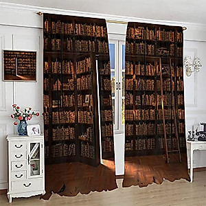 Mysterious Library Curtains, Retro Bookcase with Secret Door, Vintage Bookshelf Bookcase Print Thermal Insulation Rod Pocket Blackout Window Drapes for Living Room Bedroom 42x45 Inch