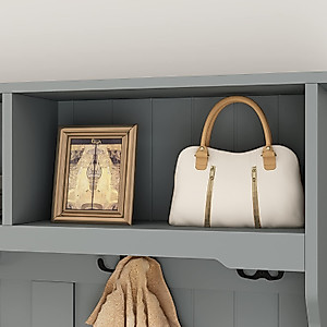 Homsee Modern Hall Tree with Storage Bench, 4-in-1 Entryway Bench with Coat Rack, Tall Hall Tree with 4 Metal Double Hooks, Shelves & 2 Drawers for Hallway, Living Room, Grey