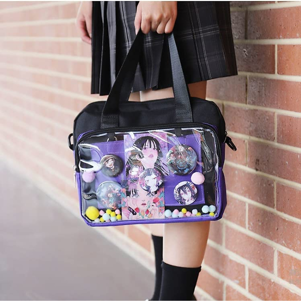 Hipi-shop Ita bag Japanese Color matching Transparent shoulder bag crossbody bag for Anime Lolita Bag DIY Cosplay Display Anime badges handbag (Black)