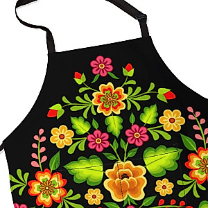 WeiaMaoYi Chef Apron Mexican Floral Aprons Kitchen Chef Waterproof Adjustable Mexican Apron For Bbq With Pockets For Men Women 29x27 ''
