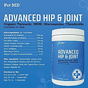 Pet MD Glucosamine for Dogs | Dog Joint Supplement with Glucosamine, Chondroitin & MSM - Inflammatory Pain Relief Chews for Hip & Joints - Bacon Flavored - Includes Yucca & Turmeric - 120 Ct