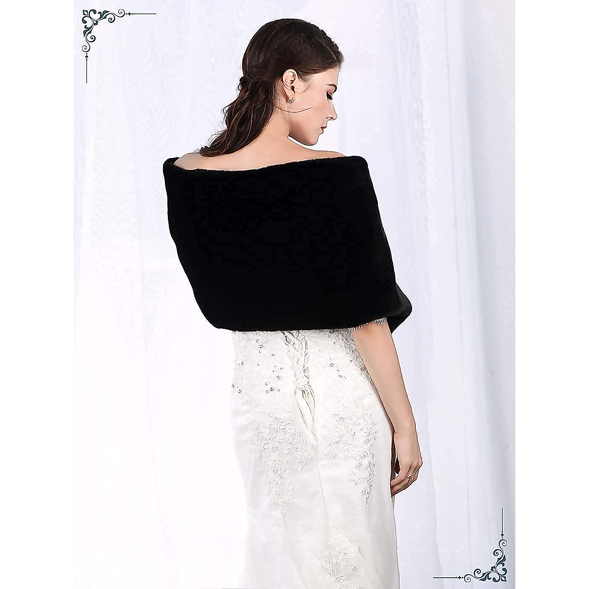 Aukmla Faux Fur Shawl Wedding Fur Wraps and Shawls Bridal Fur Stole Winter Cape Shrug for Brides and Bridesmaids (Black)