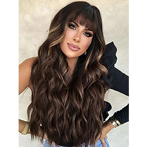 AISI QUEENS Brown Wig with Bangs for Women Long Wavy Hair Wig Brown Highlight Wig Curly Wavy Synthetic Wigs for Girls Daily Party Use