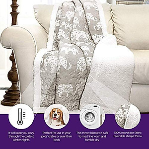 Lush Decor Elephant Parade Throw Fuzzy Reversible Sherpa Blanket, 60” x 50”, Gray