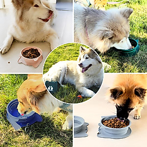 RUNROLE 2-in-1 Collapsible Silicone Dog Travel Bowls Detachable Pet Food and Water Bowl Set Portable Dog Bowls Pop Up Cat Feeding Watering Dishes，20OZ+27OZ (Slate Blue)