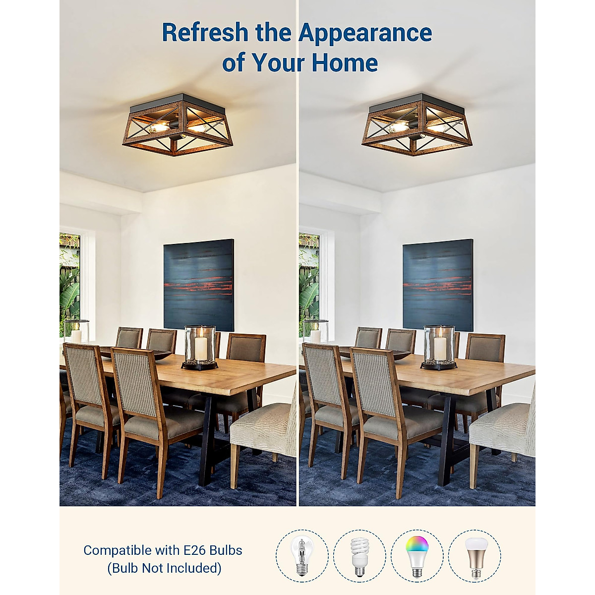 DEWENWILS Farmhouse Metal Flush Mount Light Fixture with Wood Grain Finish, 2-Light Ceiling Lamp for Kitchen, Hallway, Entryway, Foyer