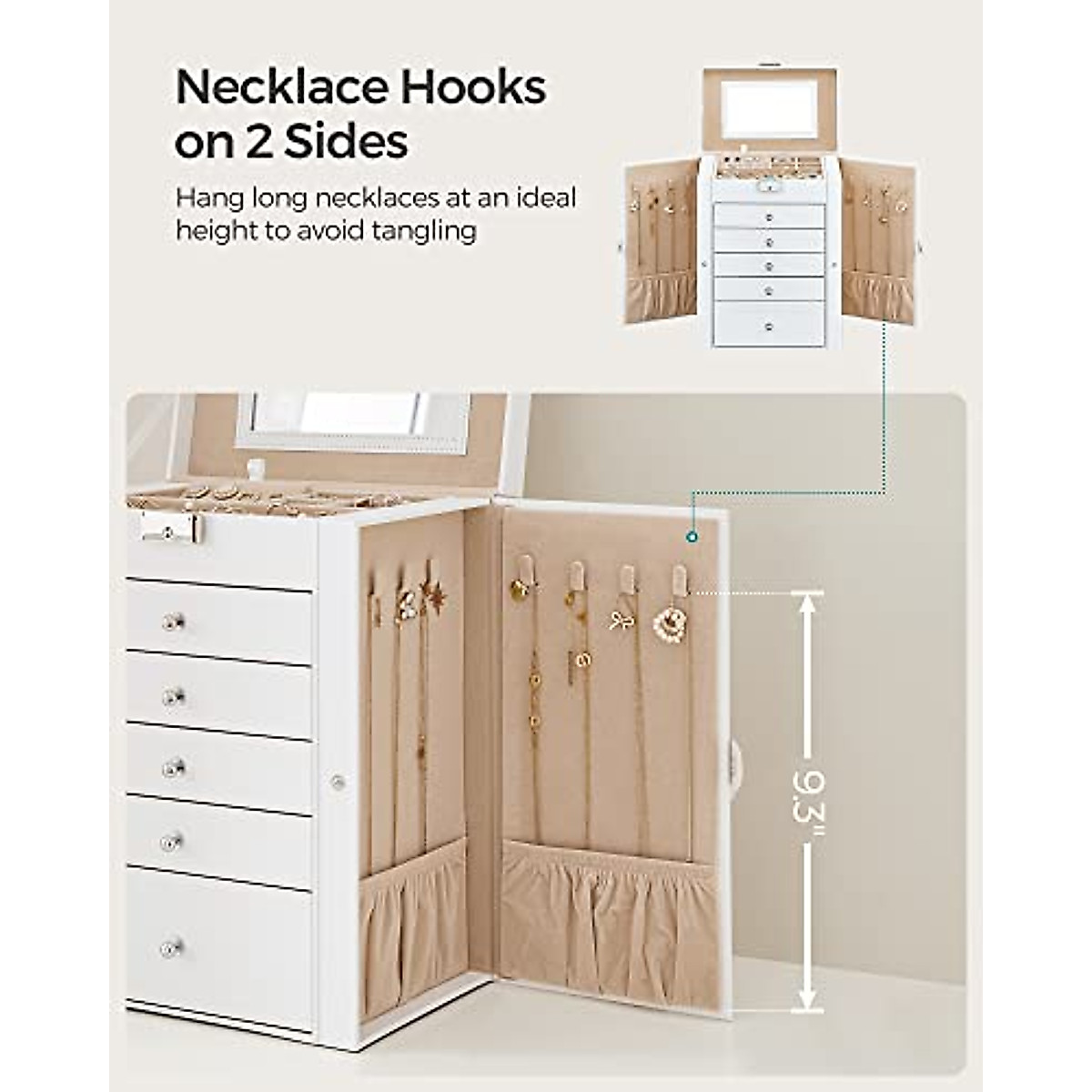 SONGMICS 6 Tier Jewelry Box, Jewelry Case with 5 Drawers, Large Storage Capacity, with Mirror, Lockable, Jewelry Storage Organizer, Gift for Loved Ones, For Watches, White UJBC152W01