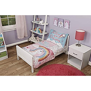 Baby Boom Funhouse Unicorn Love 4 Piece Toddler Bedding Set – Includes Comforter, Sheet Set – Fitted + Top Sheet + Reversible Pillowcase for Girls Bed, Pink