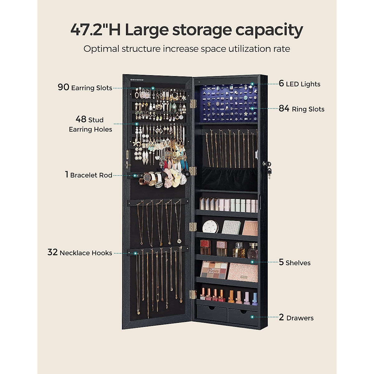 SONGMICS 6 LEDs Mirror Jewelry Cabinet, 47.2-Inch Tall Lockable Wall or Door Mounted Jewelry Armoire Organizer with Mirror, 2 Drawers, 3.9 x 14.6 x 47.2 Inches, Black UJJC093B01