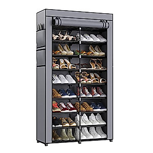 HODYANN Shoe Rack, 9 Tiers Tall Shoe Rack, 36-40 Pairs Shoe Organizer with Nonwoven Fabric Cover, Double Row Black Shoe Rack for Closet (Black Rack with Gray Cover)