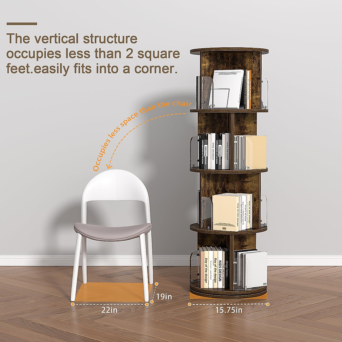 VECELO 4 Tier Revolving Bookshelf Tower, 360° Display Floor Standing Storage Rack with Acrylic Visible Window Partition for Bedroom, Living Room Home and Office, Brown