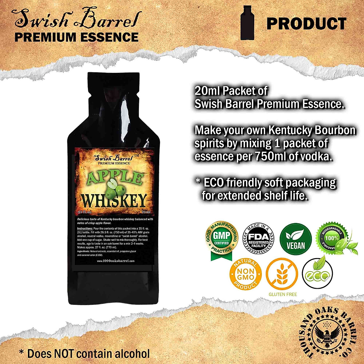 Apple Whiskey Essence | Bootleg Kit Refills | Thousand Oaks Barrel Co. | Gourmet Flavors for Whisky Sour Cocktails | Old Fashioned Mixers and Cooking | 20ml .65oz Packets
