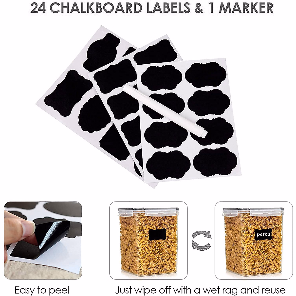 Vtopmart Food Storage Containers 2.5L / 84.5oz, 4 Pieces BPA Free Plastic Airtight Food Storage Containers for Flour, Sugar, Baking Supplies, with 4 Measuring Spoons and 24 Labels,Black