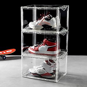 STAHMFOVER 3-Pack Clear Shoe Boxes Stackable Plastic Sneaker Box Container, Magnetic Side Open Shoe Organizer and Shoes Storage Case, Full Transparent Versatile Display Case for Hats/Models