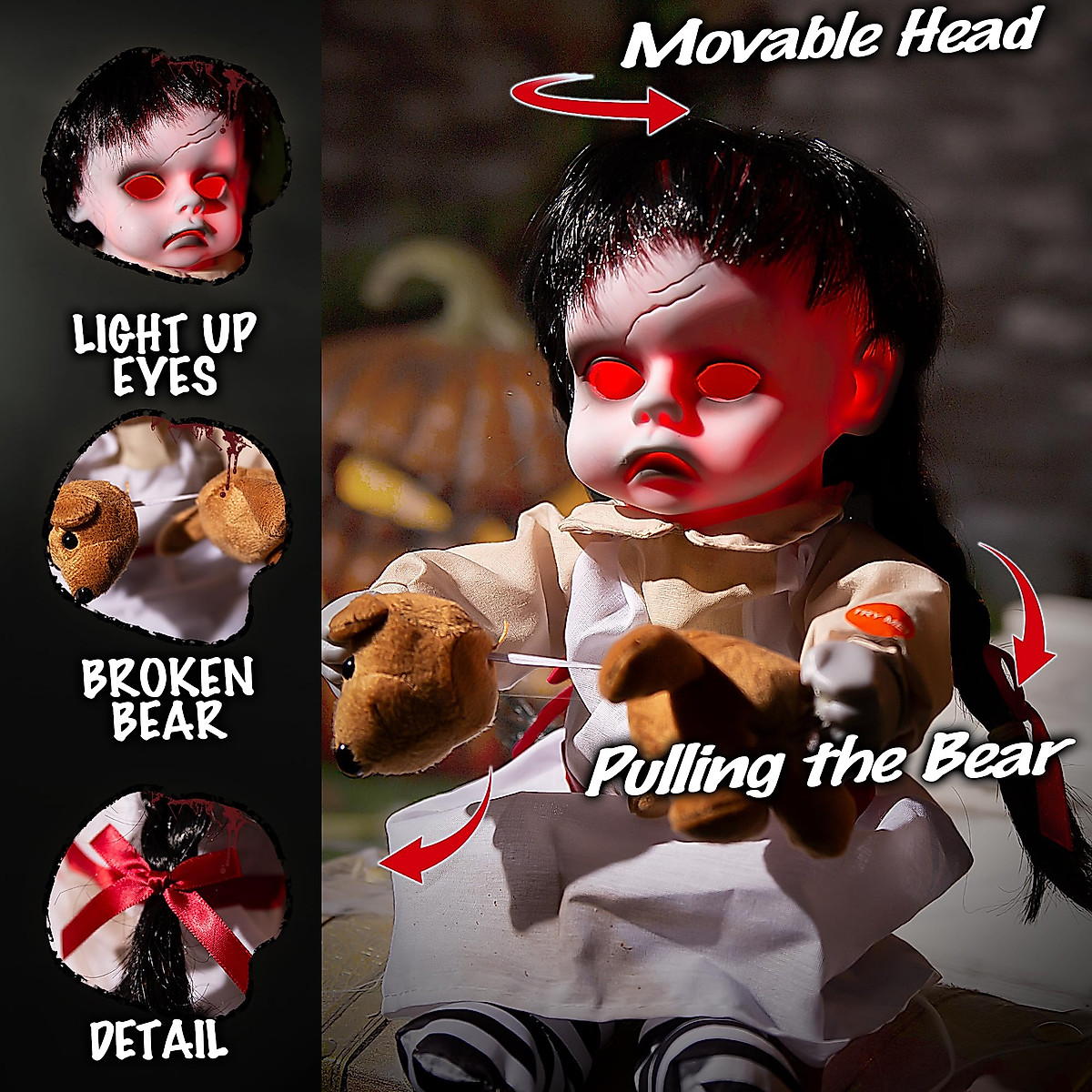 NEYEABL 10" Spirit Animatronic Ghost Girl Doll Halloween Decorations-Sound Activated Creepy Sound & Head & Hand Movements Red Eyes Lit, Haunted House Holiday Props, Halloween Spooky Animations