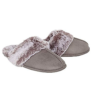 Jessica Simpson Women's Comfy Faux Fur House Slipper Scuff Memory Foam Slip on Anti-Skid Sole, Grey, Small