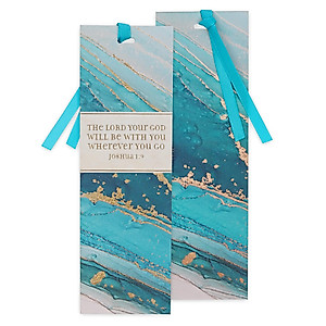 Christian Art Gifts Teal Marble Swirl Premium Scripture Bookmark God Will Be with You Joshua 1:9 Bible Verse Metallic Gold Accent Inspirational Bookmark for Men and Women w/Satin Ribbon