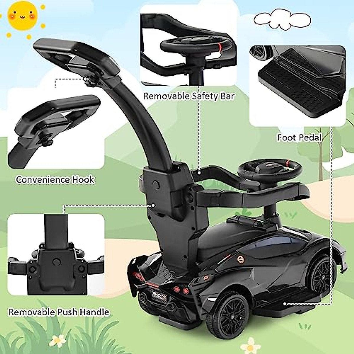 INFANS 3 in 1 Ride on Push Car, Licensed Lamborghini Baby Stroller Sliding Walking Car with Push Handle, Music, USB, Headlight, Under Seat Storage, Kids Foot-to-Floor Toy for 18-60 Months (Black)
