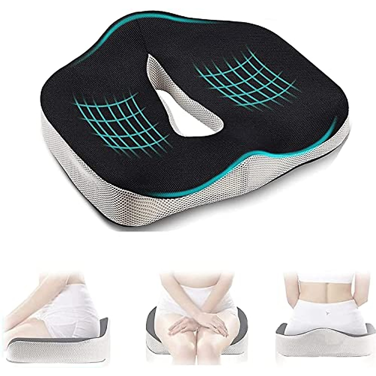 SMSOM Ergonomic Memory Foam Seat Cushion, Office Soft Seat Cushion, Washable Cover, Comfortable Coccyx Cushion for Home Office Chair Pad, Car Seat, Wheelchair (Black)