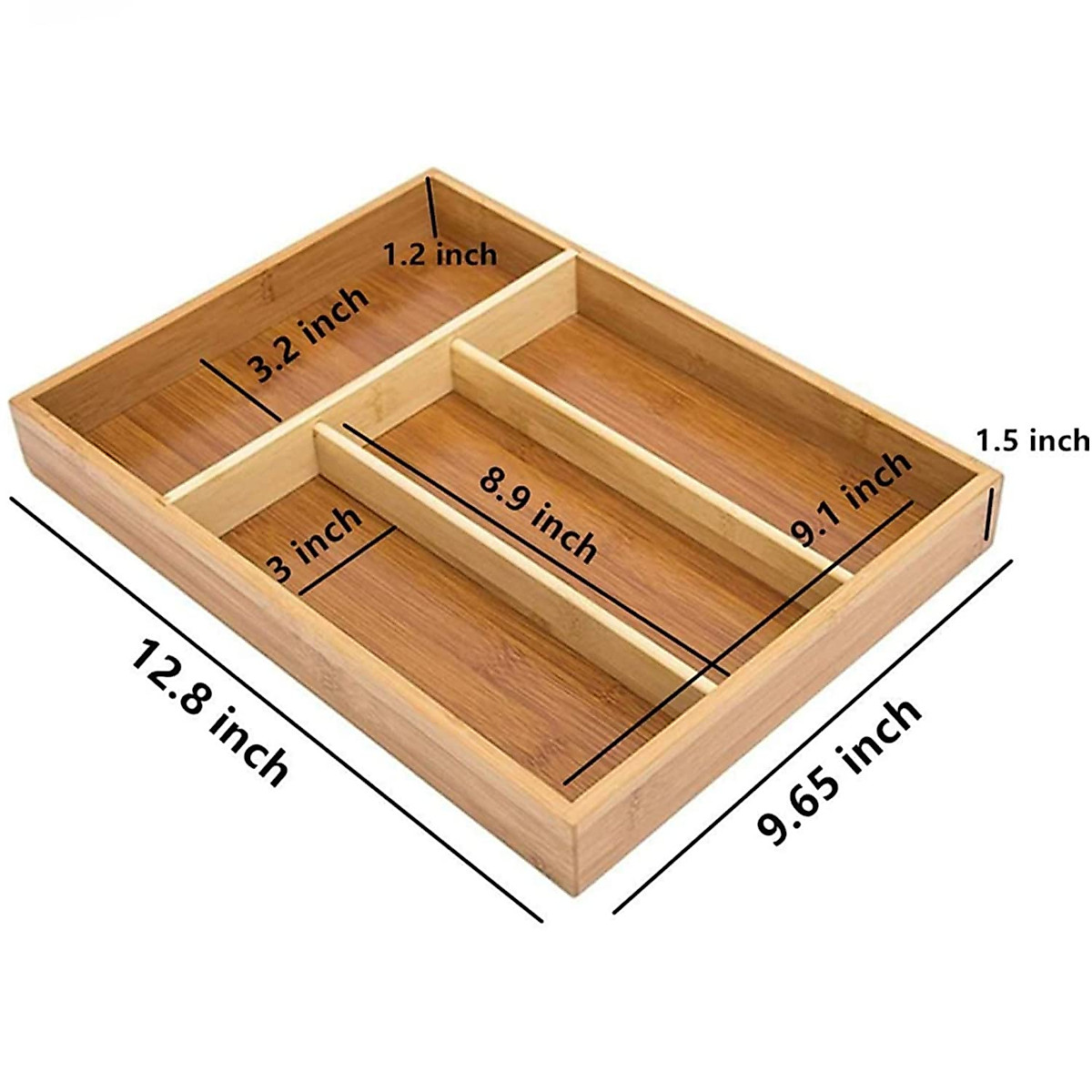 Bamboo Utensil Silverware Organizer - 4 Compartments - Bamboo Hardware Jewelry Drawer Holder Kitchen Knives Tray Organizer