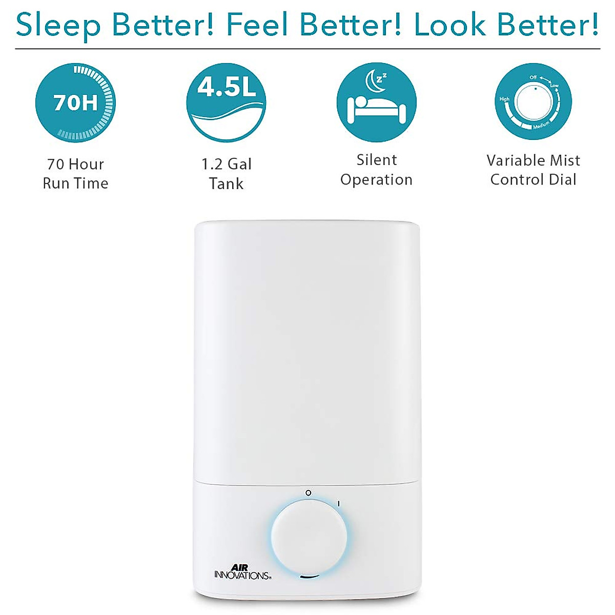 Air Innovations Humidifiers for Bedroom Convenient Oversized 4.5L Tank Runs for 70 Hours for Large Room up to 400 Sq Ft Top Fill Cool Mist Humidifier Ideal for Baby Room and Plants MH-419, White, 1.2