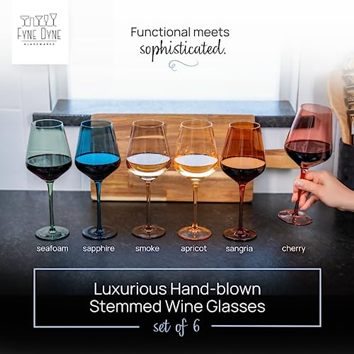 FyneDyne Boho Jewel-Toned Wine Glasses, Stained Cocktail Cups, Drinkware Bar Set for Rack, Set of 6 Stemmed Unique Drinking Glasses 16oz