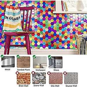 XUANINY Peel and Stick Backsplash Tiles, Rainbow Hexagon Aluminum Surface Metal Mosaic Sticker, Rainbow-Colored Wall Sticker for Living Room, RV，Bar (11.45"x11.02") (11, Hexagon Rainbow Colored)