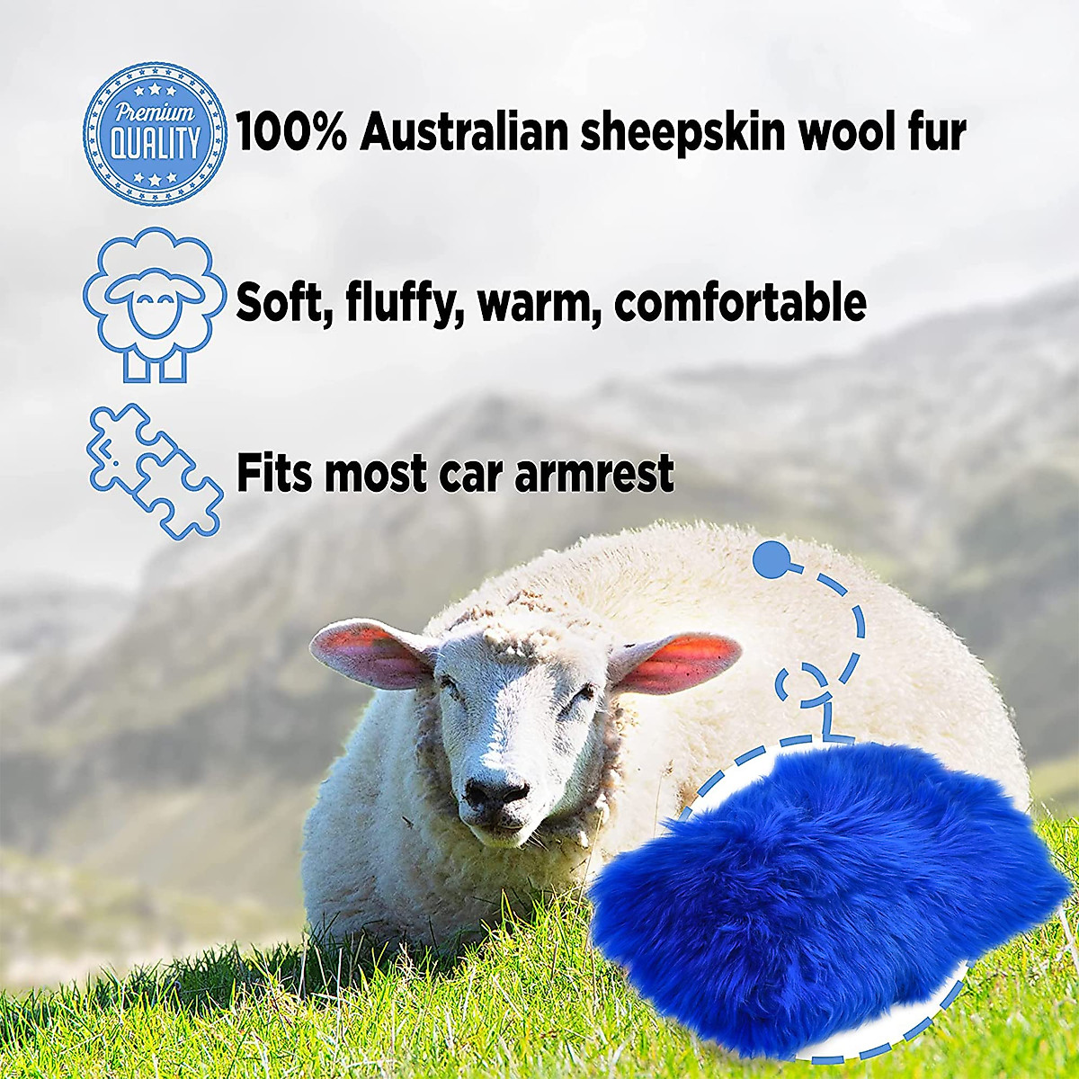 Andalus Brands Pure Australian Sheepskin Fluffy Car Center Console Cover, Luxurious Non-Shedding Furry Arm Rest Cover for Car, Versatile for All Seasons, Blue - (11.47" X 6.3")