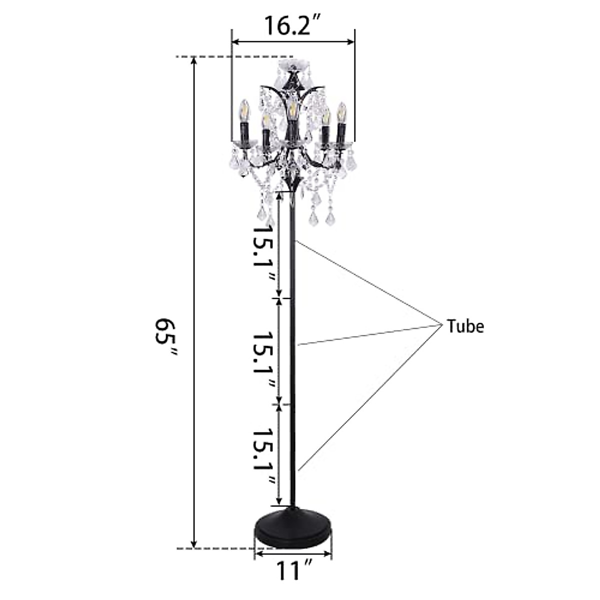 TOCHIC 5-Light Farmhouse Tranditional Crystal Floor Lamp, Black Craft Candelabra Lighting Fixture 65'' Tall for Living Room, Dining Room, Entryway, Bedroom