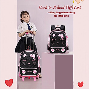 Girls Rolling Backpack Trolley School Bags Cat Face Print Travel Wheeled Carry-on Kids' Luggage