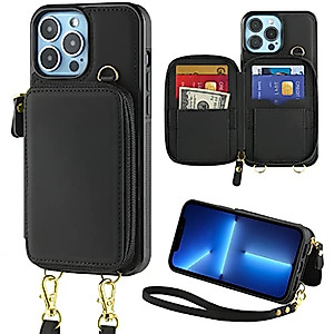 OUTXE iPhone 13 Pro Max Case Wallet for Women, Leather iPhone 13 Pro Max Wallet Case with Card Holder Wrist Strap Zipper, iPhone 13 Pro Max Purse Case Cover, 6.7 inch (Black)