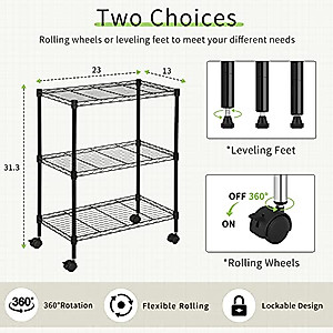 YYkokocat Wire Shelving 32" H x 23W x 13D Storage Shelf with Wheels Adjustable 3 Tier Metal Shelves Unit for Small Places Kitchen Storage Rack Shelf Organizer, 450Lbs Capacity, Black