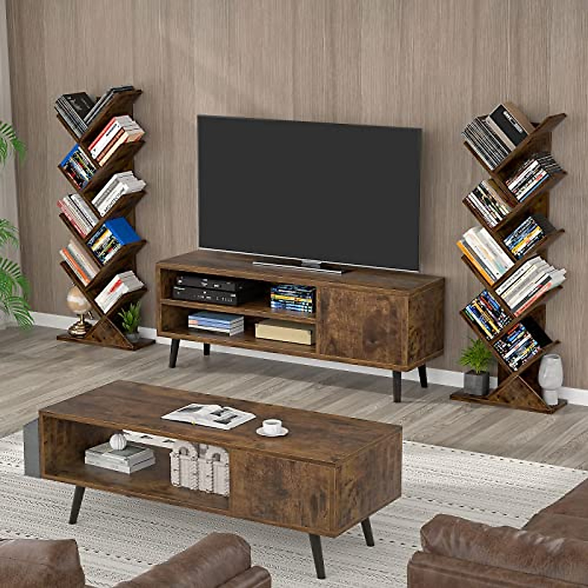 Topfurny Tree Bookshelf, 9-Tier Shelf Rustic Brown Bookcase, Retro Wood Storage Rack for CDs/Movies/Books, Anti-Fall Utility Organizer Shelves for Living Room, Bedroom, Home Office, Rustic Brown
