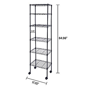 YSSOA Heavy Duty 6-Shelf Shelving with Wheels, with Hanging Hooks, Wire Shelving, Adjustable Storage Units, 17'' D x 11'' W x 63'' H, 6 Tier, Black