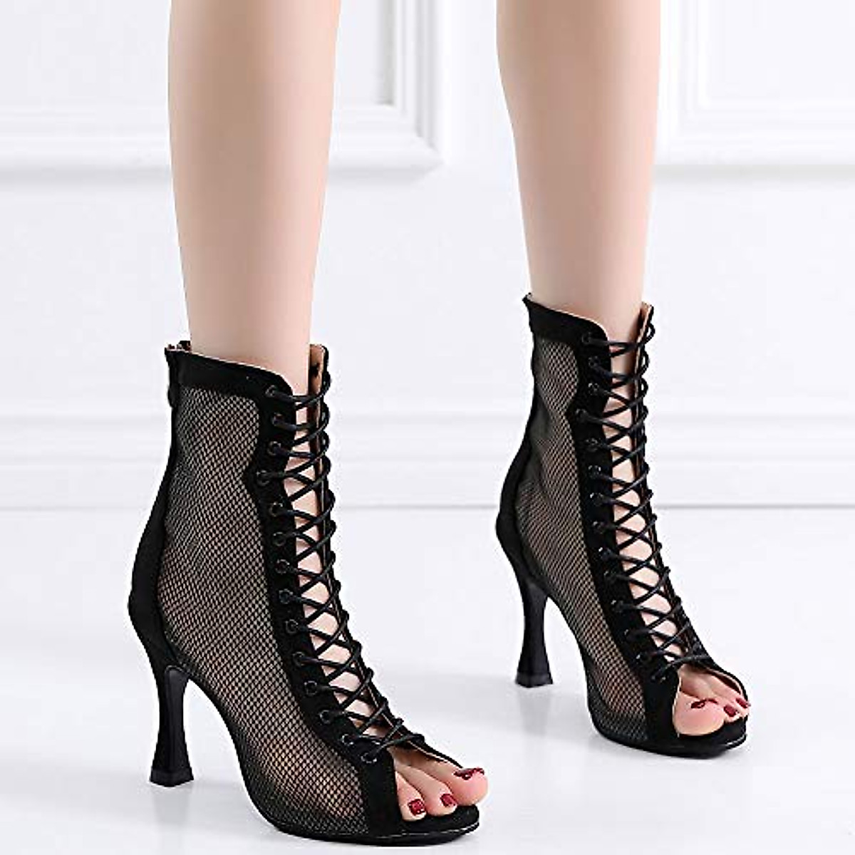 HROYL Open Toe Dance Boots Women Latin Salsa Ballroom Lace-up Ankle Dance Shoes,QJW7179-Black-8.3,US8