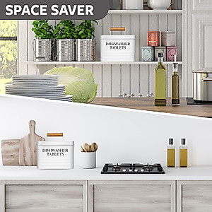 Calindiana Modern Farmhouse Metal Dishwasher Pods Container Holder with Lid for Kitchen Organization and Storage, Kitchen Essentials Decor Accessories, White