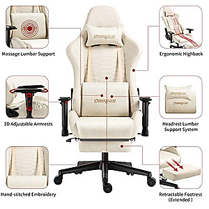 Darkecho Gaming Chair Office Chair with Footrest Massage Vintage Leather Ergonomic Computer Chair Racing Desk Chair Reclining Adjustable High Back Gamer Chair with Headrest and Lumbar Support Ivory