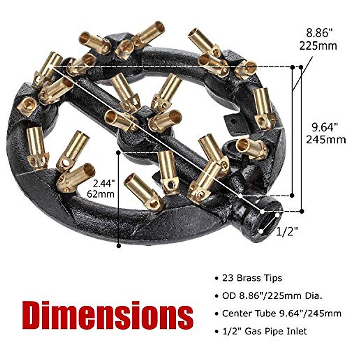 DuraSteel Natural Gas Jet Burner For Chinese Wok Range, Grilling, Stir Fry - Cast Iron Body Round Nozzle Jet Burner with 23 Brass Tips - Up 100,000 BTU