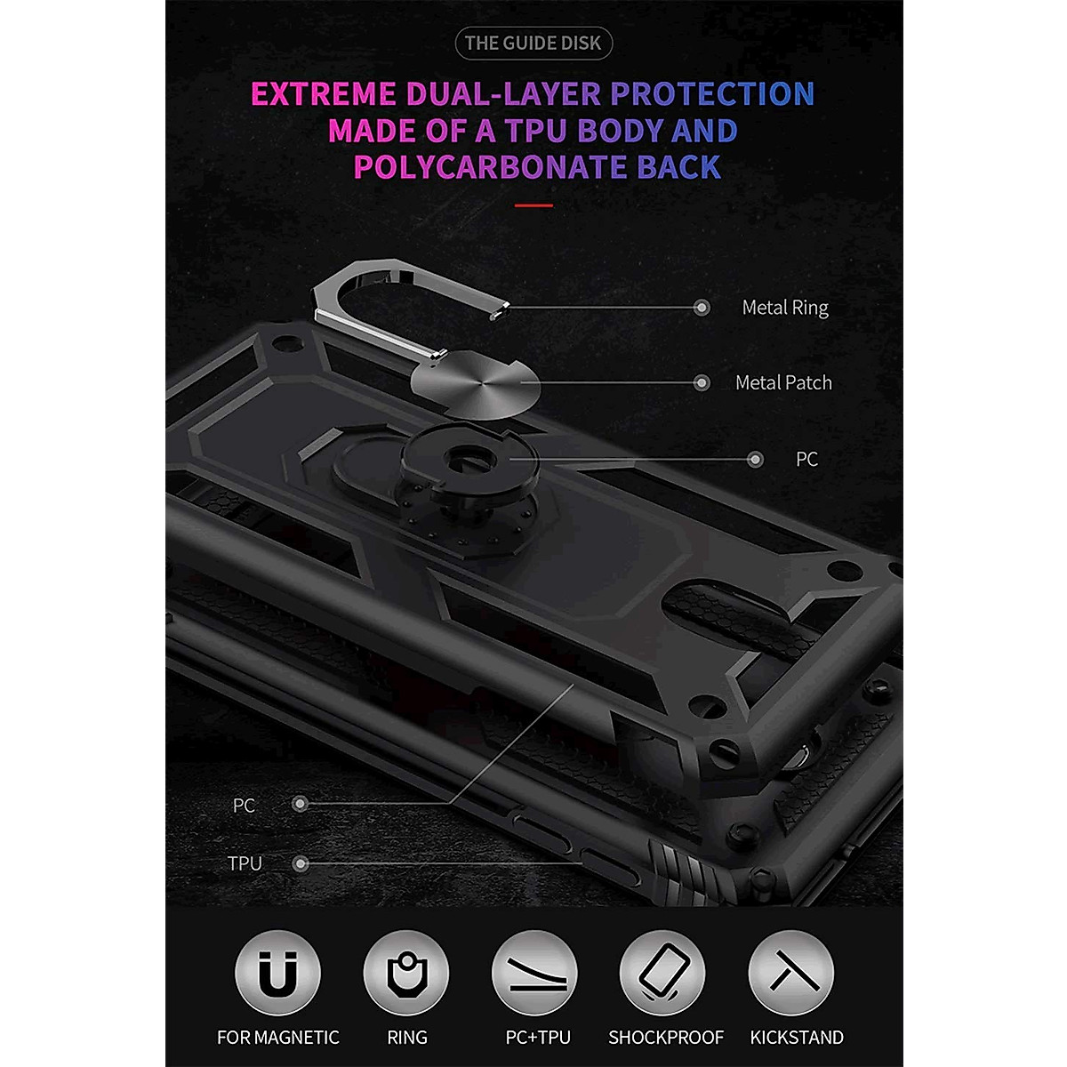 TJS Phone Case Compatible with Samsung Galaxy J2 Core/J2 2019/J2 Pure/J2 Dash/J2 Shine, Impact Resistant Metal Ring Magnetic Support Heavy Duty (Black)