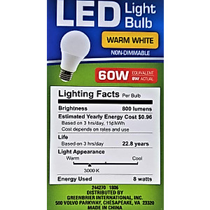 1 Led Energy Saving LED Light Bulbs 120v 60w/8w A19 Medium Base Warm