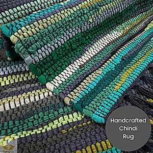 Comfy-co Handcrafted Area Rug Chindi Rug 3x5 ft - Hand-Woven Cotton Area Rag Rug - Reversible Floor Rug for Bedroom Living Room Kitchen Dorm Entryway Hallway - Chindi Area Rug Green Multi