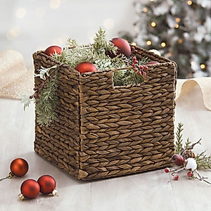 mDesign Natural Woven Hyacinth Cube Organizer Basket with Handles, Storage for Bathroom, Laundry Room Shelf or Nursery - Perfect for Cubby Storage Units - Hold Blankets and Books - 6 Pack, Brown Wash